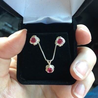 Beautiful Red Ruby Rose Sterling Silver Rose Necklace and Earrings Set ...