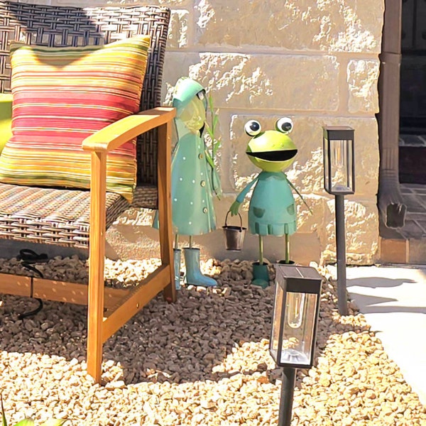 Tall Metal Frog Garden Decor Statues Wearing Rain Coats and Holding ...