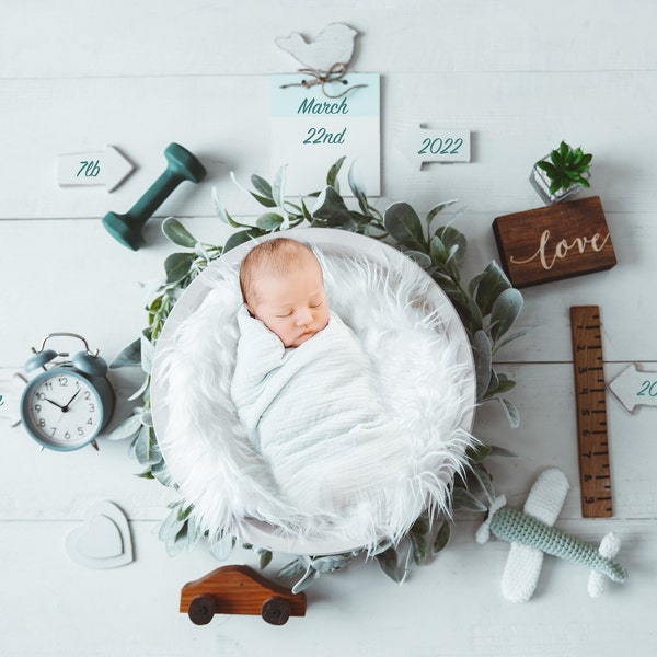 Newborn Baby Birth Announcement Photography Digital Backdrop Boy Prop ...