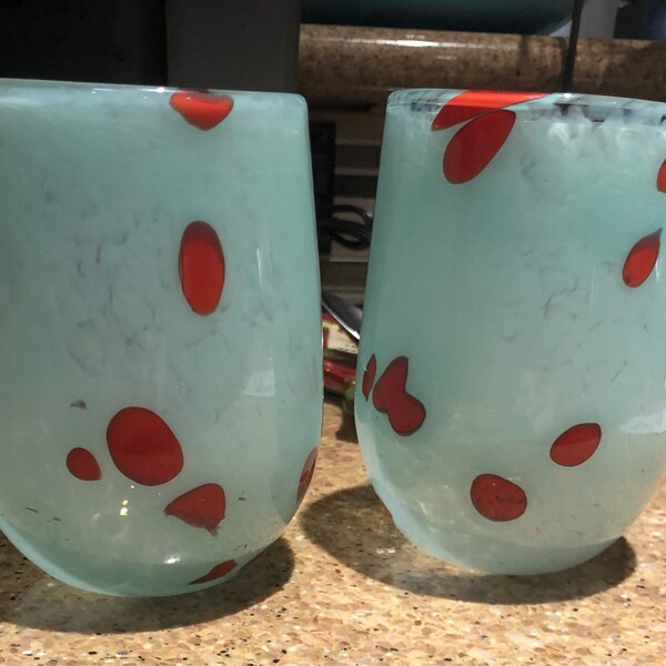 Hand Blown Glass: Robins Egg Blue and Red Stemless Wine Glass - Etsy
