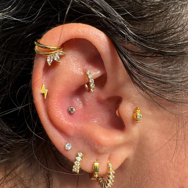 14k Solid Gold Double Chain Crown Cartilage Stud Dangle Chain Stud ...