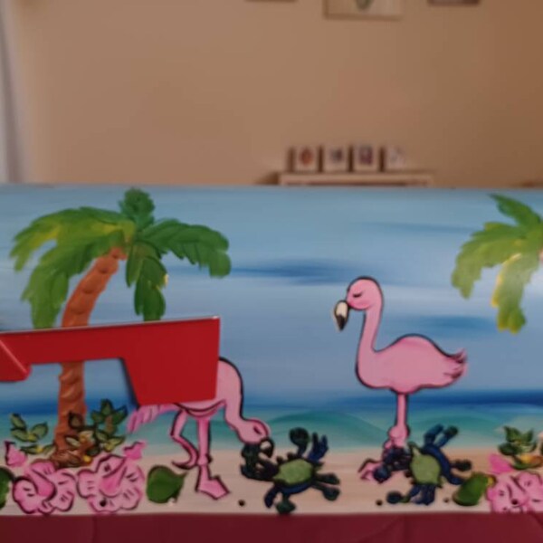Hand Painted Mailbox: Flamingo & Crab Beach Scene - Etsy