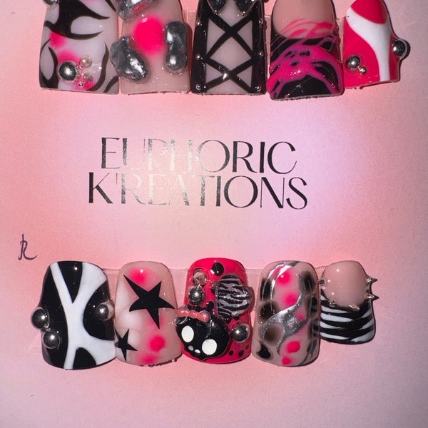 Punk Pink Style| Y2K Press on Nails| Handmade| Grunge Pink| Punk Pink ...