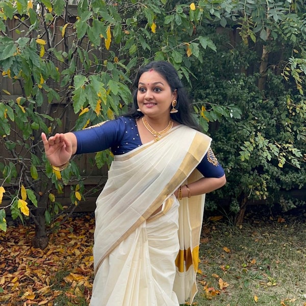 Kerala Mundu Style Cotton Half Saree Set - Skirt and Contrast Blouse ...