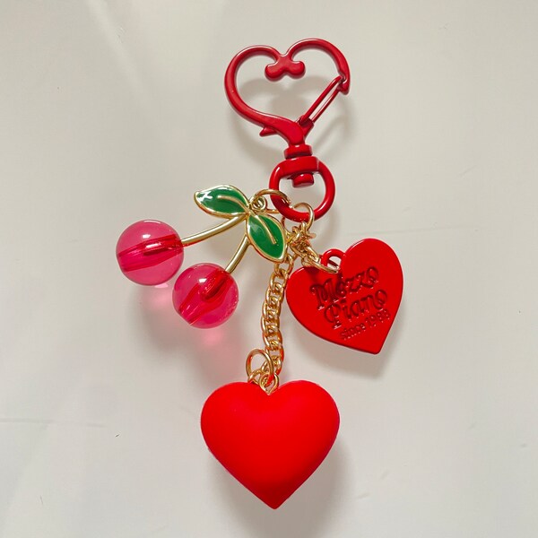 Pink Cherry Keyring With Heart Clasp, Cute Heart Keychain, Keychain ...