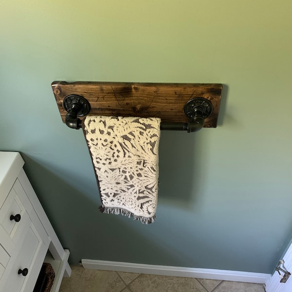 Rustic, Industrial Hand Towel Bar on Wood, Bathroom Decor, Towel Holder ...