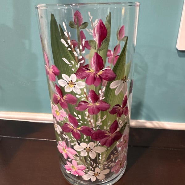 Large Cobalt Blue Cylinder Vase. Hand Painted Front and Back. Daisies ...