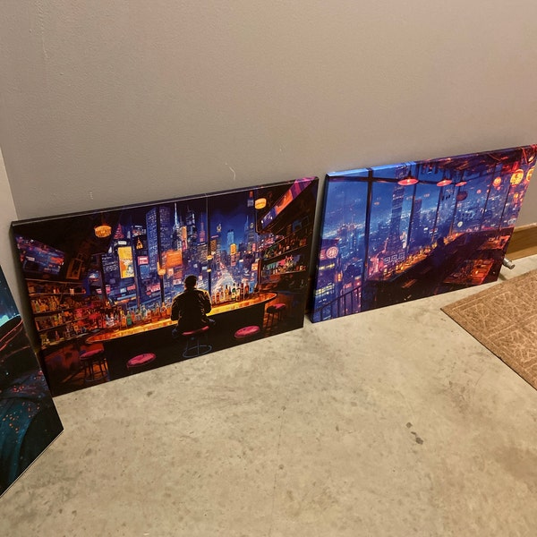 Cyberpunk Night City whiskey Bar With City View Canvas Neon Lights Oil ...