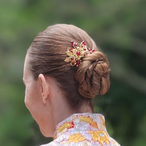 Red and Gold Hair Pin With Swarovski Crystals • Modern Tea Ceremony ...