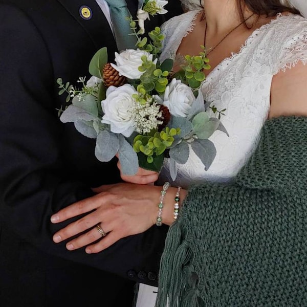Boho Rose Wedding Bouquet, Realistic White Roses & Greenery Bridal ...