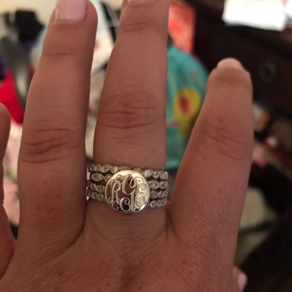 925 Silver CZ Stacking Monogram Ring, Wedding Set, Monogram Stackable Ring, Art Deco, Sterling ...