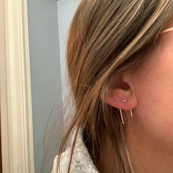 Thread Earrings, Pull Through Earring, Double Piercing Earring Chain, Ear Thread, Bar Threader ...