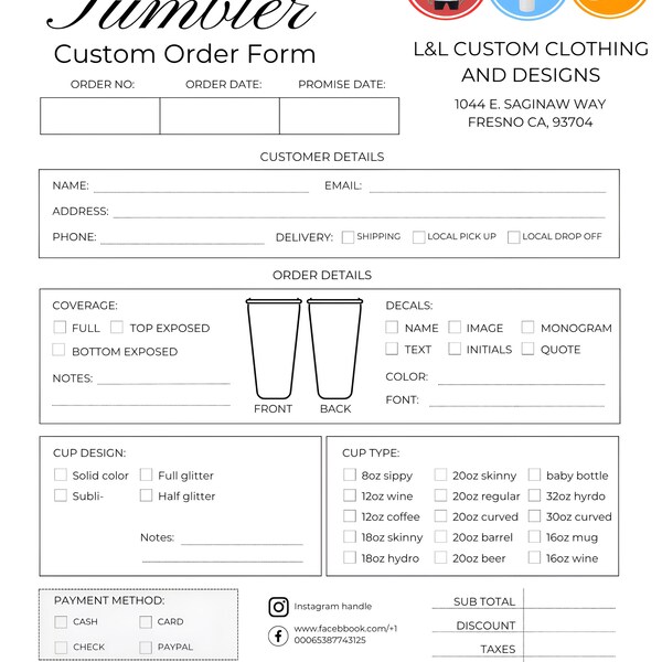 Tumbler Order Form Editable Template, Custom Order Form, Small Business ...