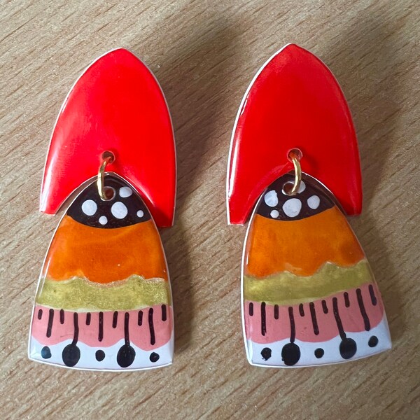 OVERSIZED Abstract Earrings, Long Hand Painted Geometric Drop Earrings ...