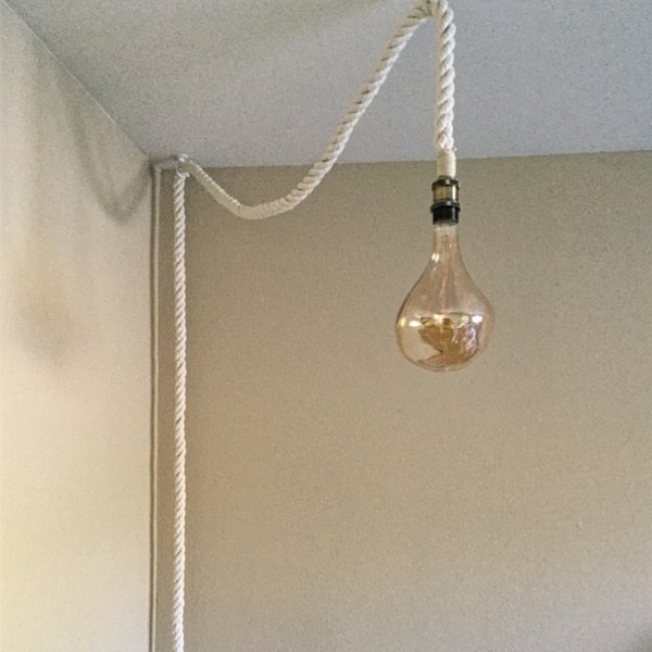 Rope Pendant Light- White Cotton Modern Industrial Manila Rope Rustic ...