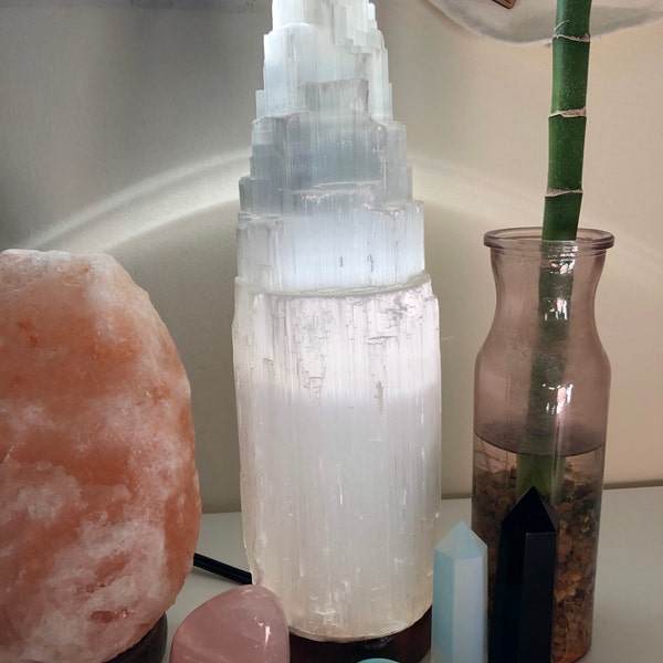 XL Selenite Tower Lamp, Moroccan Selenite Crystals, Handmade and ...