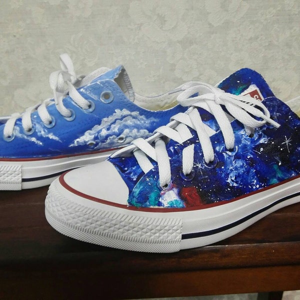 Custom Hand Painted Day & Night Shoes, Galaxy Shoes, Blue Summer Sky ...