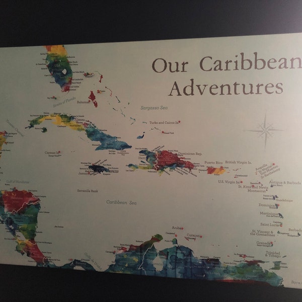 Caribbean Push Pin Map, Pretty Travel Map, Personalized Bucket List Map ...