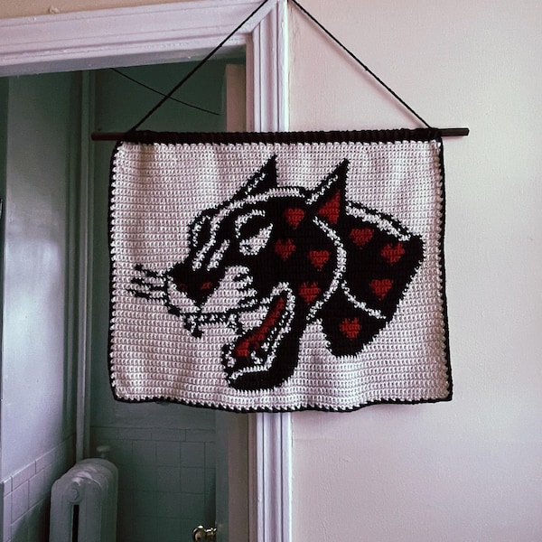 Love Heart Panther Traditional Tattoo Crochet Wall Hanging Tapestry ...