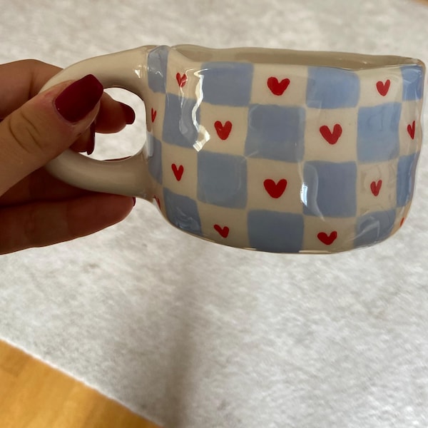 Handmade Ceramic Mug – Baby Blue Checkered Pottery Cup With Hearts - Etsy