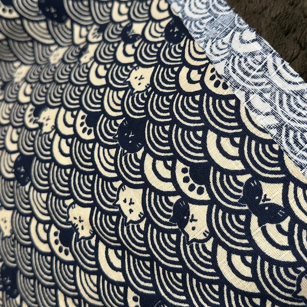 Waves With Cats Cosmo Japanese Cotton Dobby Fabric AP41903-2C Navy Blue ...