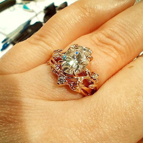 Nature Inspired Oval Shape Moissanite Leaf Engagement Ring Set, 14K ...