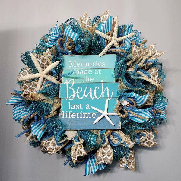 White Anchor Mesh Swag Wreath With Starfish and Florals, Beach Swag ...