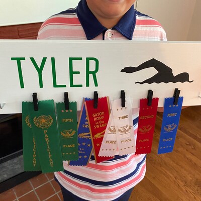 Personalized Swim Ribbon Holder Award Display With Hooks - Etsy