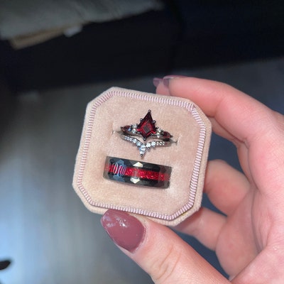 Skye Natural Red Garnet Couples Ring Set His and Hers Matching Wedding ...