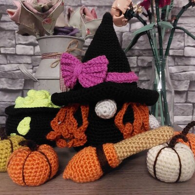 Halloween Crochet Gnome Patterns: Witch Gnome, Witch Broom and Cauldron ...