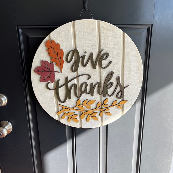 Give Thanks Door Sign, Fall Door Hanger, Autumn Fall Leaves, Rustic ...