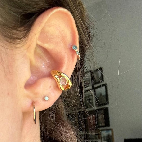 Gold Ear Cuff With Natural Blue Topaz, 18k Gold Plated Brass, Silver or ...