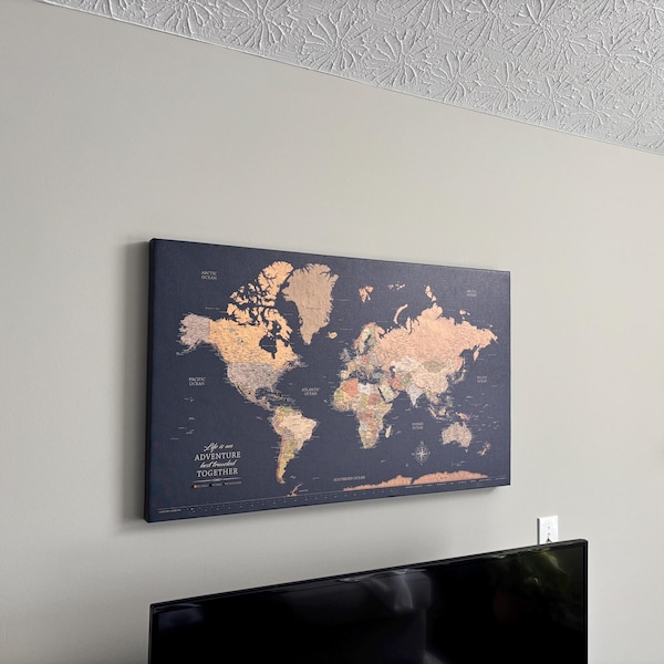 Classic Earth Tones With Navy World Push Pin Map on Premium Canvas With ...