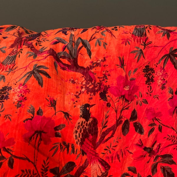 Vintagecotton Velvet Coral Orange Color Bird Print Luxury Curtain ...