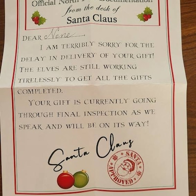 Delayed Christmas Gift Letter From Santa Notification of Late Present ...
