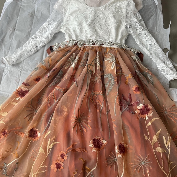 Rustic Burnt Orange Embroidered Flower Girl Dress With Chantilly Lace ...