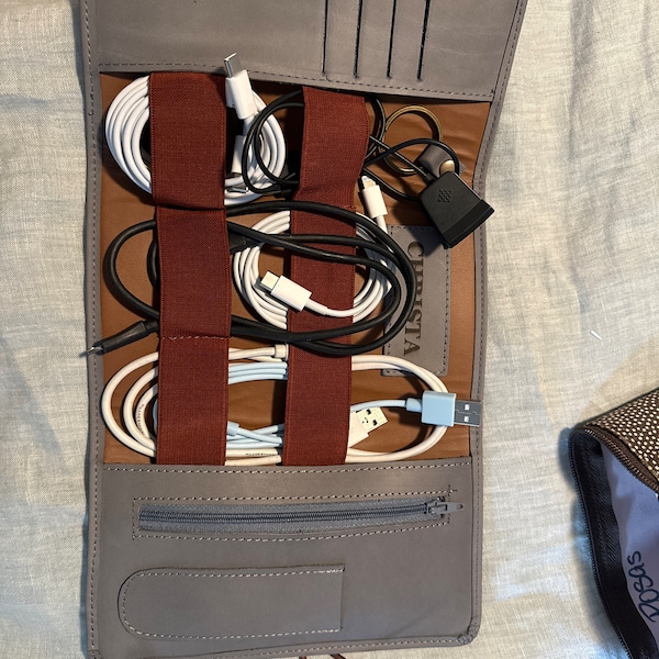 Handmade Leather Charger and Cable Organizer Bag, Cord Organizer ...