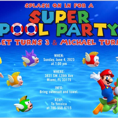 SUPER MARIO BROS Pool Party Invitation, Birthday, Kid's Party, Baby ...