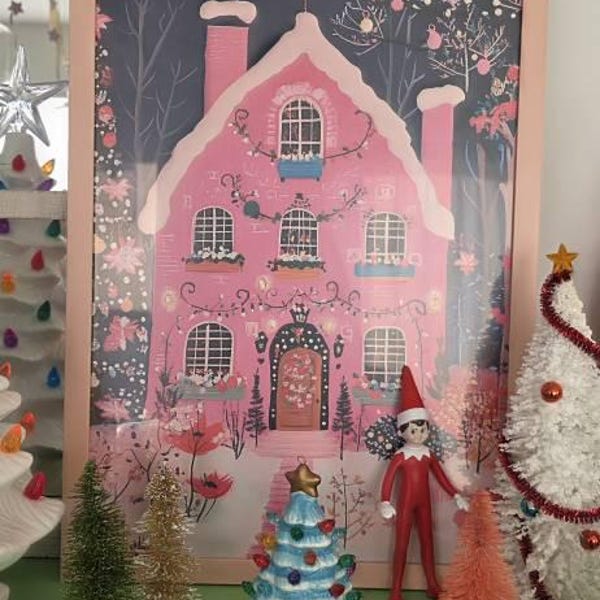 Pink Christmas House Print Christmas Winter Village Print Pink ...