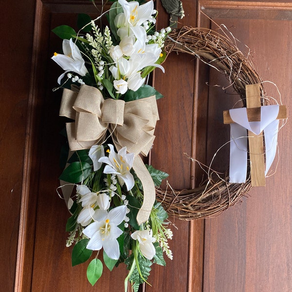 Easter Wreath, Religious Wreath, Front Door Wreath, Spring Wreath, Grapevine Wreath, Easter ...