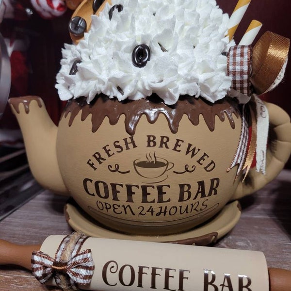 Fresh Brewed Coffee Themed Mini Teapot, Coffee Bar Decor, Tiered Tray ...