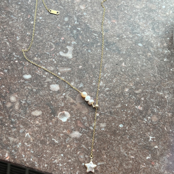 18k Lariat Pink Pearl Star Necklace, Y Necklace With Freshwater Star ...