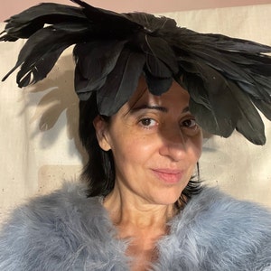 Black Flat Hat Fascinator/wide Brim Hat/fringe Hat/ Black Hat/silver ...