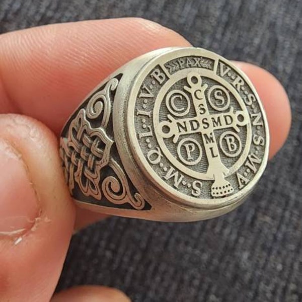 St Benedict Medal Signet of Exorcism Cross Ring Jewelry Mens Religious ...