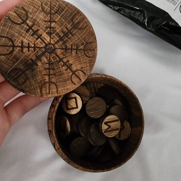 Hand Turned Alder Wood Box of 24 Dark Wood Runes Round Small Rune Set ...