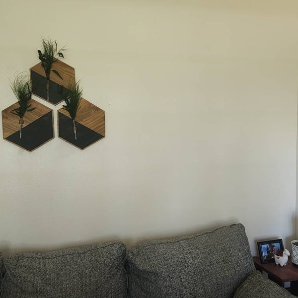 Hexagon Wall Planter, Rustic Hanging Wood Plant Holder for Indoor ...