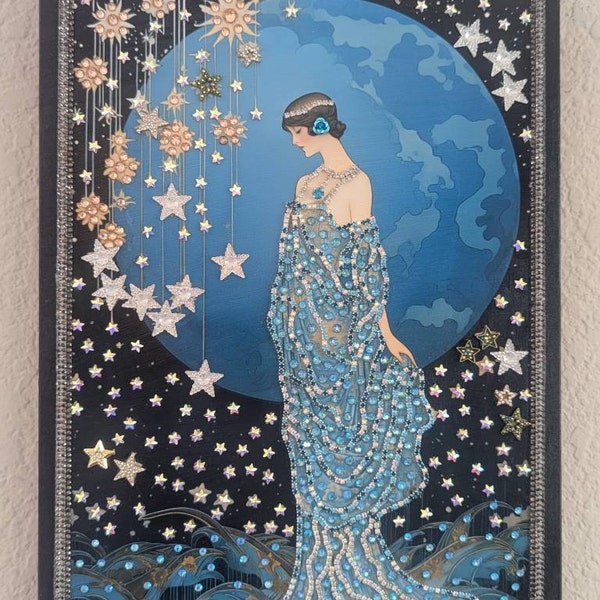 Art Deco Print, Girl Moon and Stars 1920s Wall Art, Moon Poster Blue ...