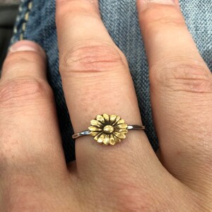 Yellow Sunflower Ring, Sweet Sunflower Stack Ring, Boho Sunflower Ring, Antiqued Ring, Hipster ...