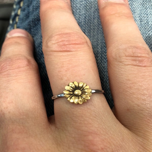 Yellow Sunflower Ring, Sweet Sunflower Stack Ring, Boho Sunflower Ring, Antiqued Ring, Hipster ...