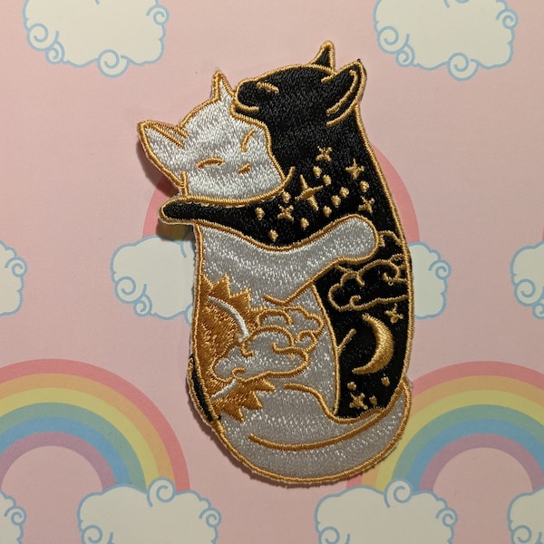 Day and Night Hugging Cat Iron on Patch Embroidered Patch Celestial Patch Back Patch Cat Lover ...
